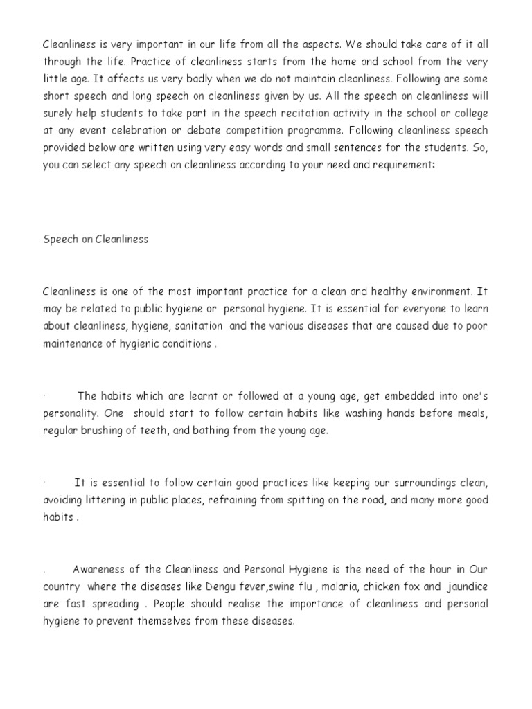 Prepared Speech - Cleanliness is Very Important in Our Life | Hygiene ...