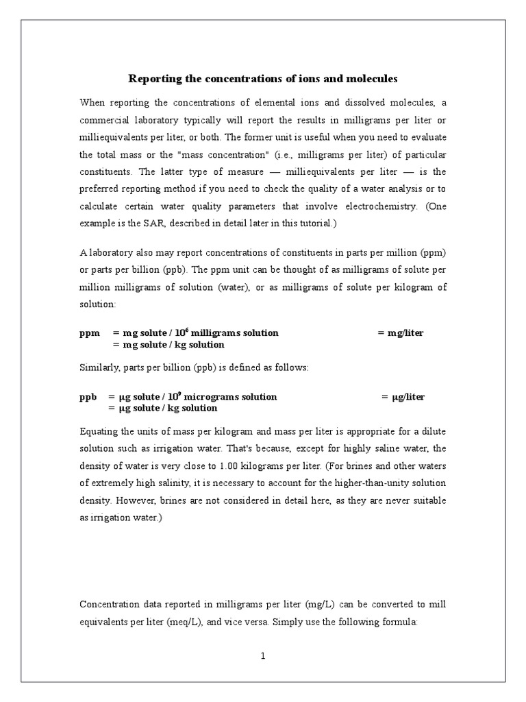 Reporting The Concentrations of Ions and Molecules | PDF | Parts Per ...