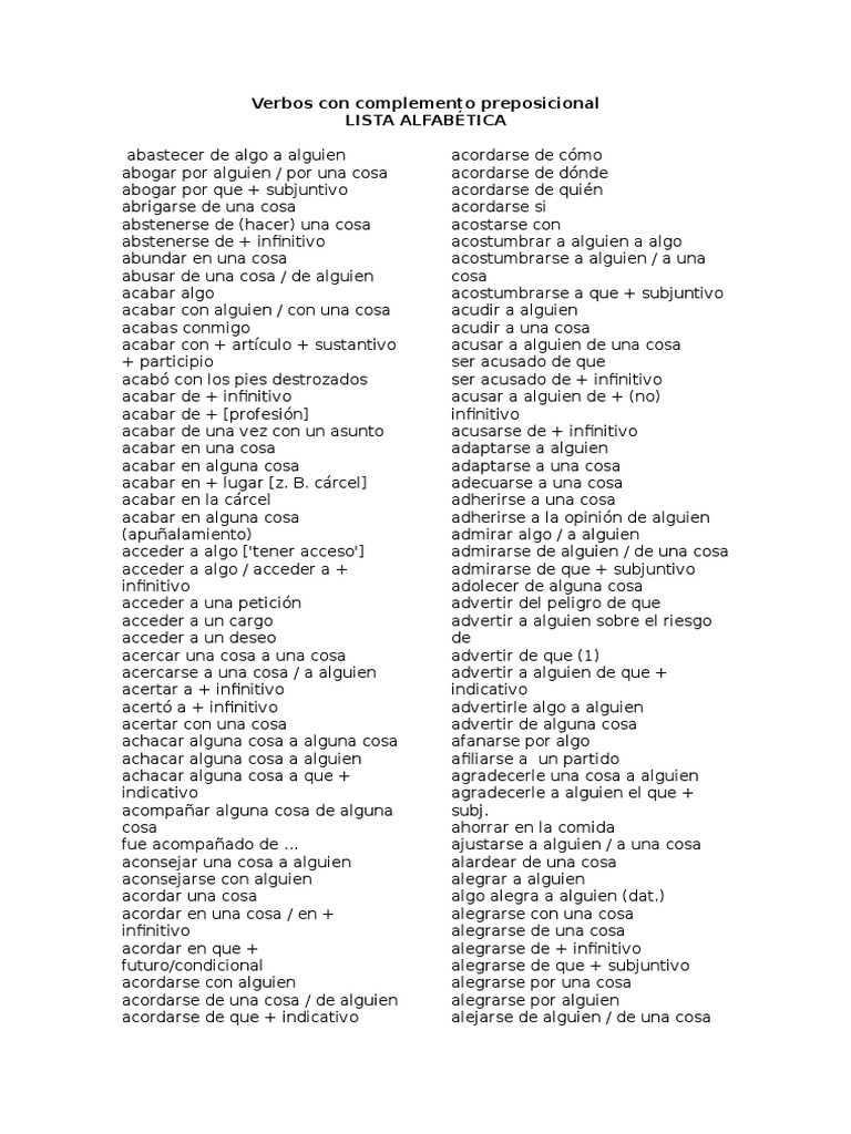 Verbos Con Complemento Preposicional | PDF | Gramática | Sintaxis