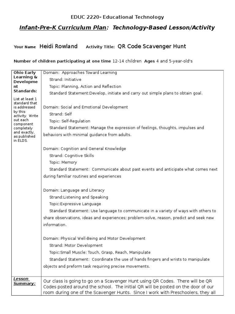 Lesson Plans: QR Code Scavenger Hunt For Preschool | PDF | Qr Code ...