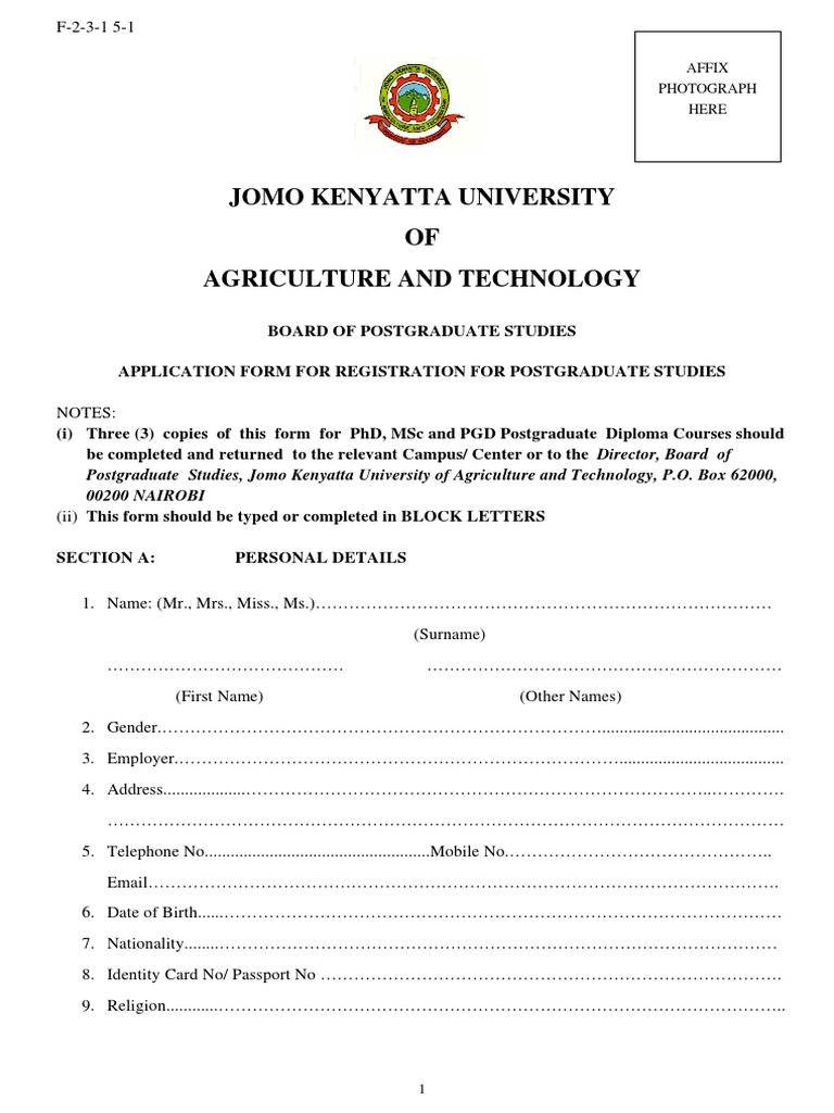 JKUAT Postgraduate Application Form | PDF | Thesis | Qualifications