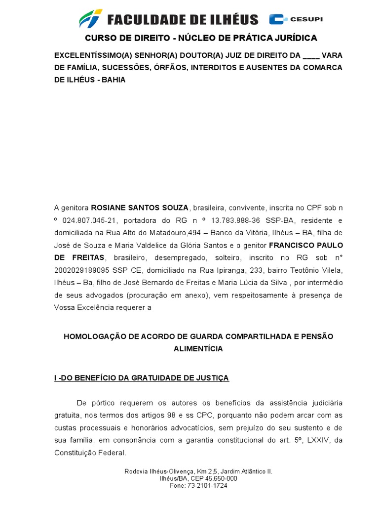 Acordo de Guarda Compartilhada - Rosiane Santos Souza | PDF | Pensão ...