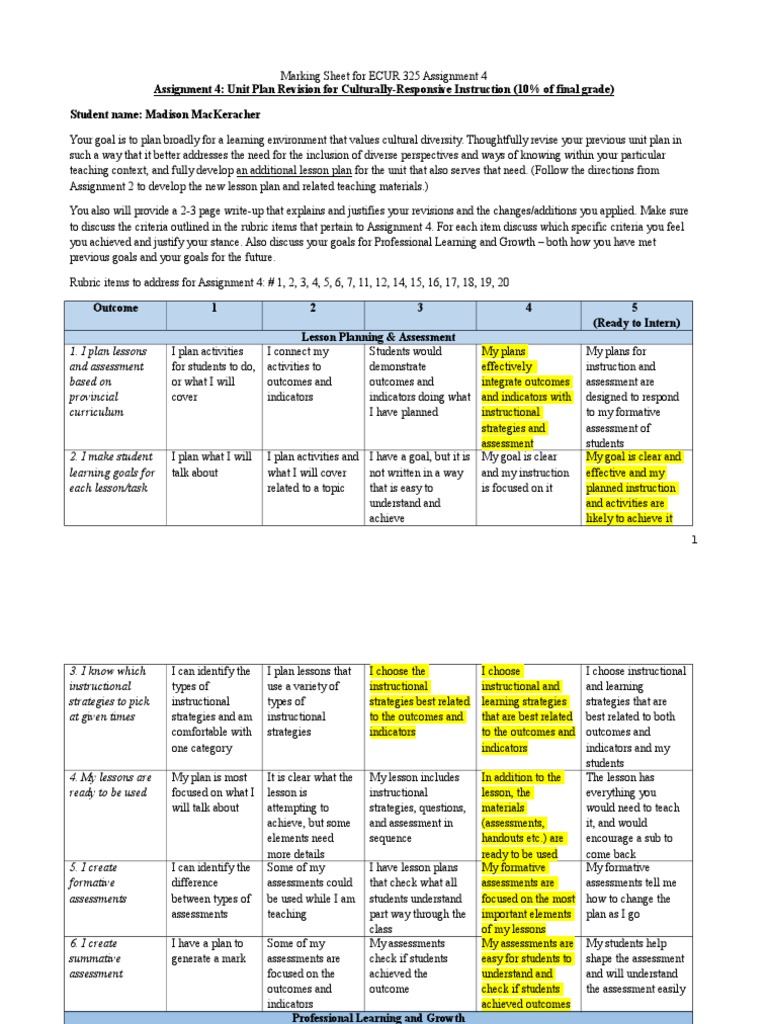 Mackeracher 2c Madison Marking Sheet For Assignment 4 - Unit Plan ...