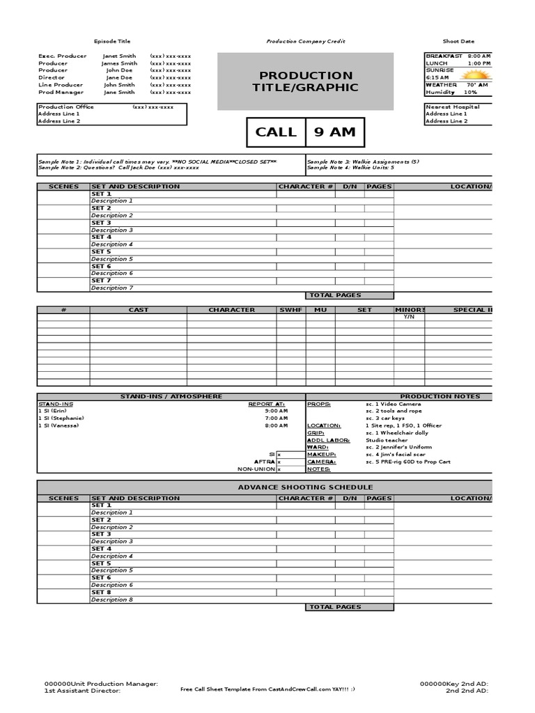Cast and Crew Call - Call Sheet Template MAC | PDF