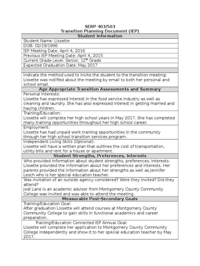 Transition Plan | PDF | Individualized Education Program | Secondary School