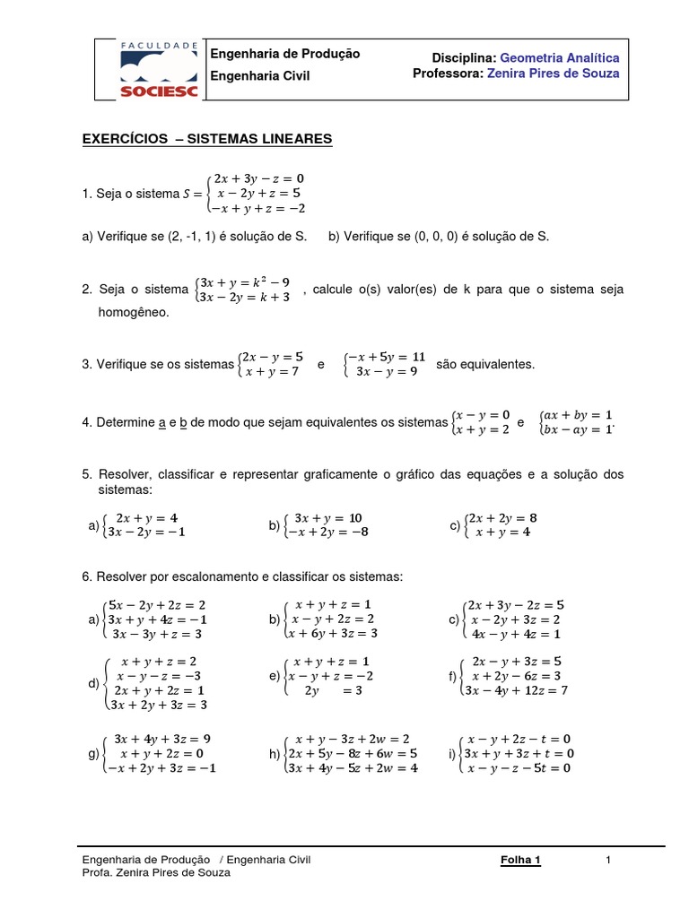Exercicios-+Sistemas+Lineares (1).pdf | Álgebra | Física e matemática