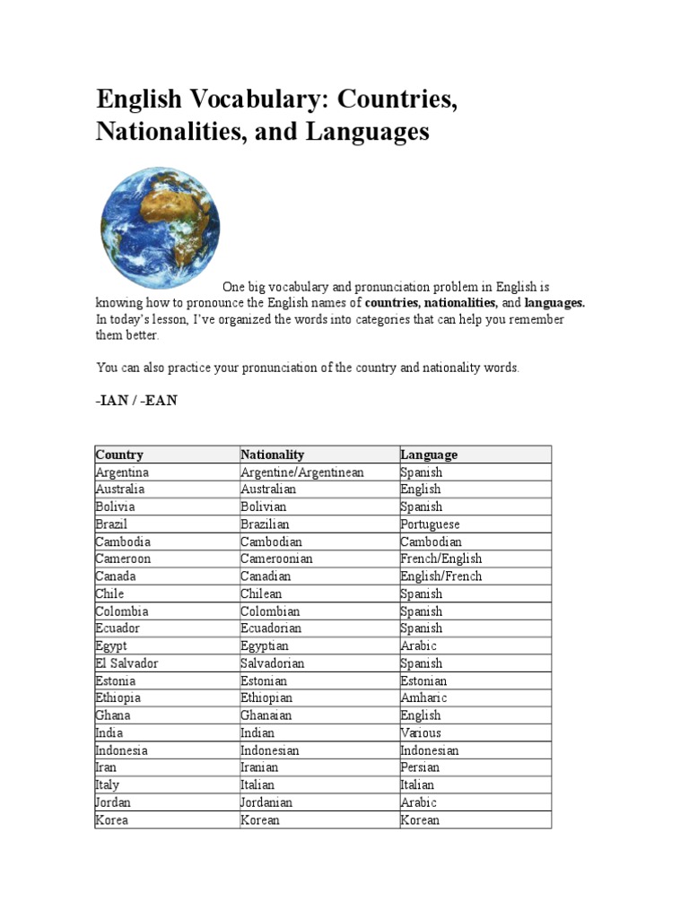 Countries, Nationalities and Languages - English Vocabulary | PDF ...