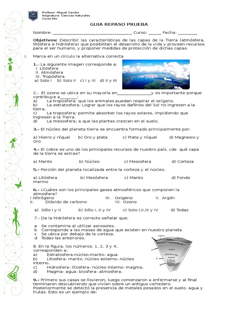 Prueba sobre Capas de la Tierra 6to Básico | PDF | Tierra | Atmósfera