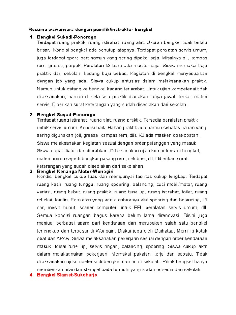 Resume Wawancara Dengan Instruktur Bengkel | PDF | Bisnis