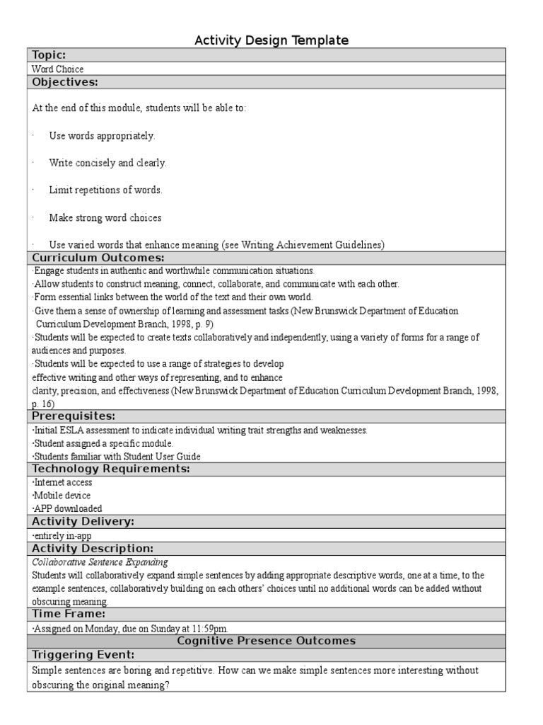 activity design examples | Educational Assessment | Rubric (Academic)