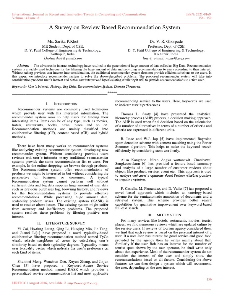 A Survey On Review Based Recommendation System | PDF | Search Engine ...