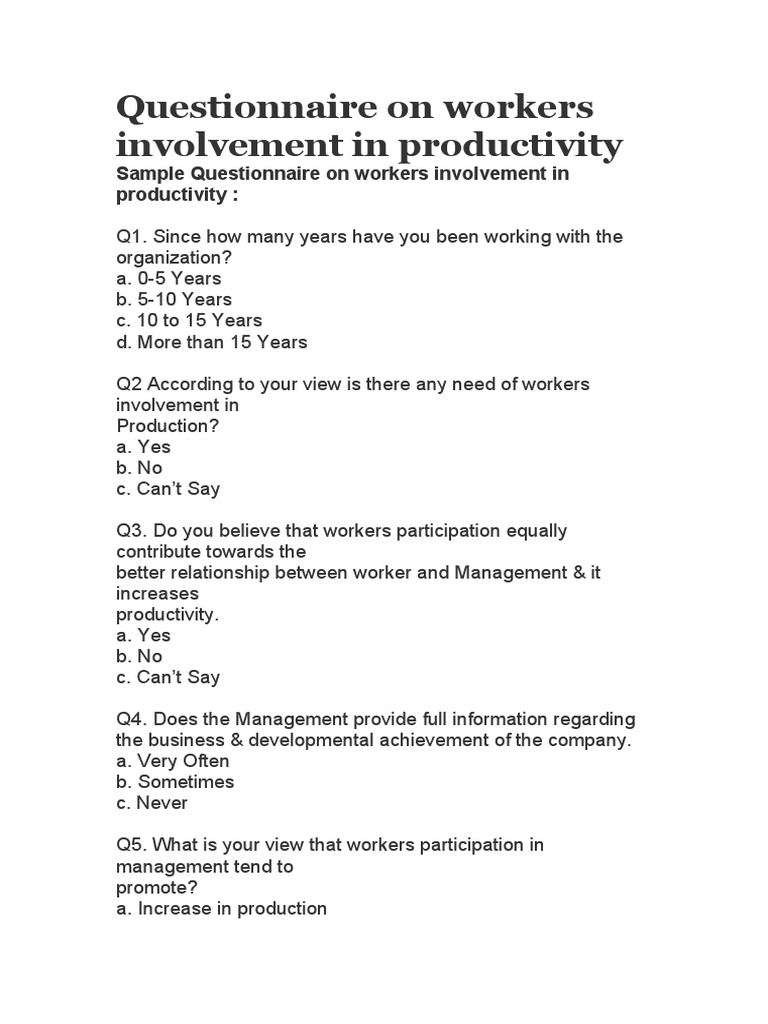 Sample Questionnaire On Workers Involvement in Productivity | PDF ...