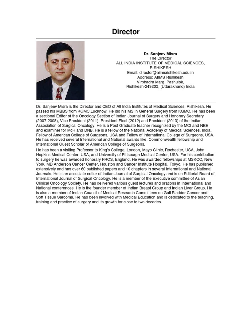 Brief Profile of DR Sanjeev Misra Director Aiims Rishikesh | PDF ...