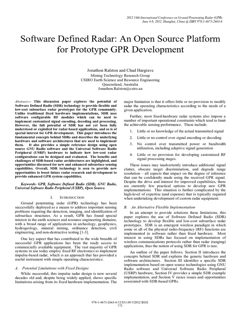 Software Defined Radar - An Open Source Plataform For Prototype GPR Development | PDF