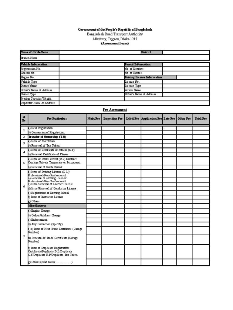 Assessment Form of BRTA (Registration, Fitness, Taxtoken, Modification ...