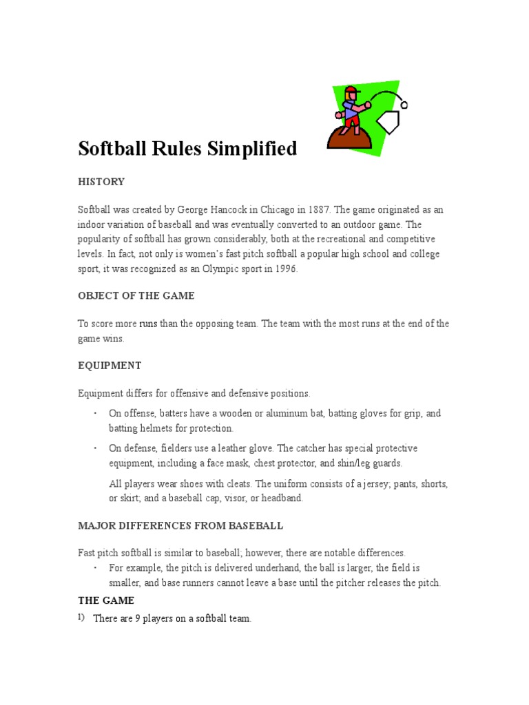 Softball Rules Simplified | PDF | Baseball Field | Softball