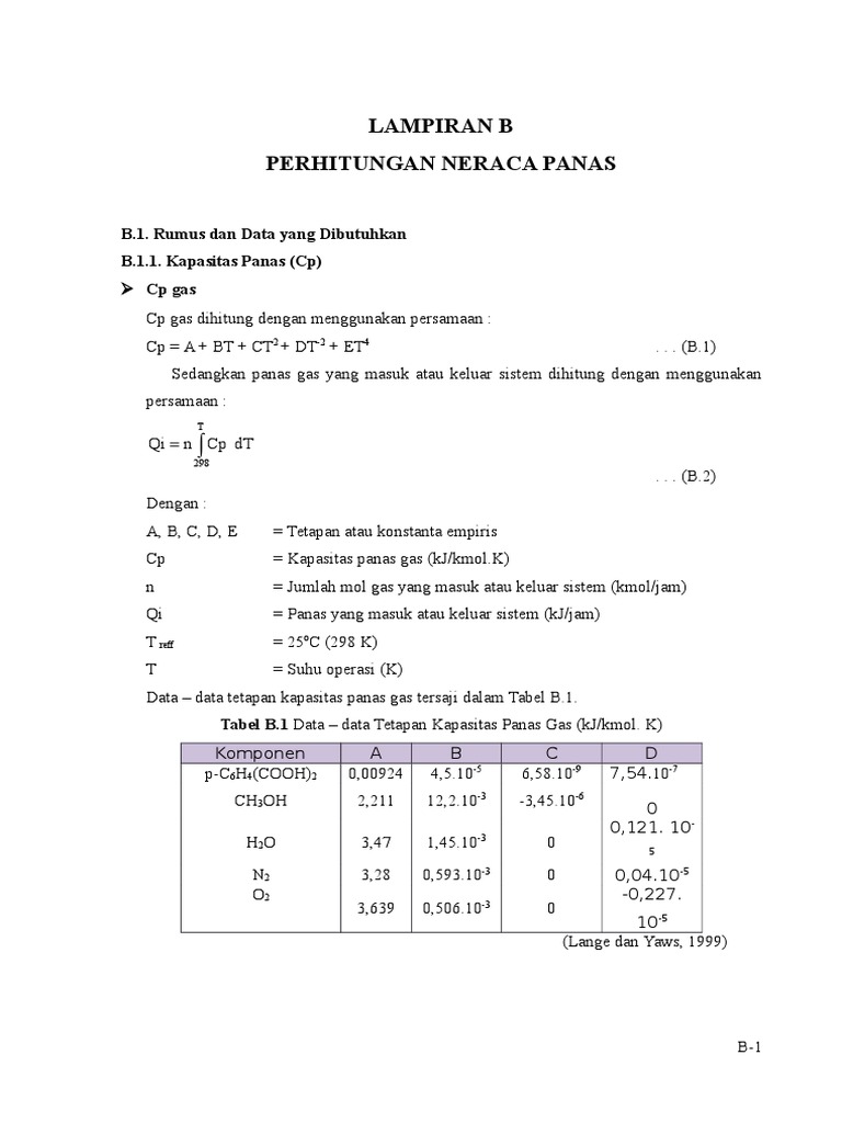 Lampiran B Perhitungan Neraca Panas: B.1. Rumus dan Data yang ...