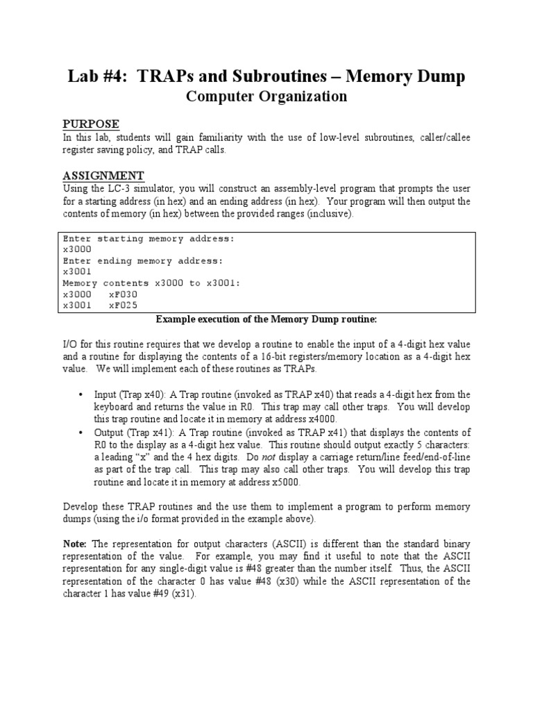 Lab #4: Traps and Subroutines - Memory Dump: Computer Organization | PDF | Subroutine | Input/Output