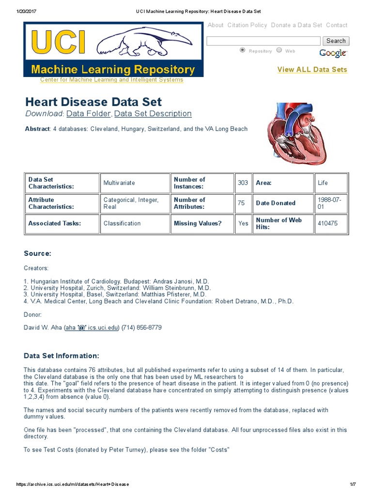 UCI Machine Learning Repository - Heart Disease Data Set | PDF ...