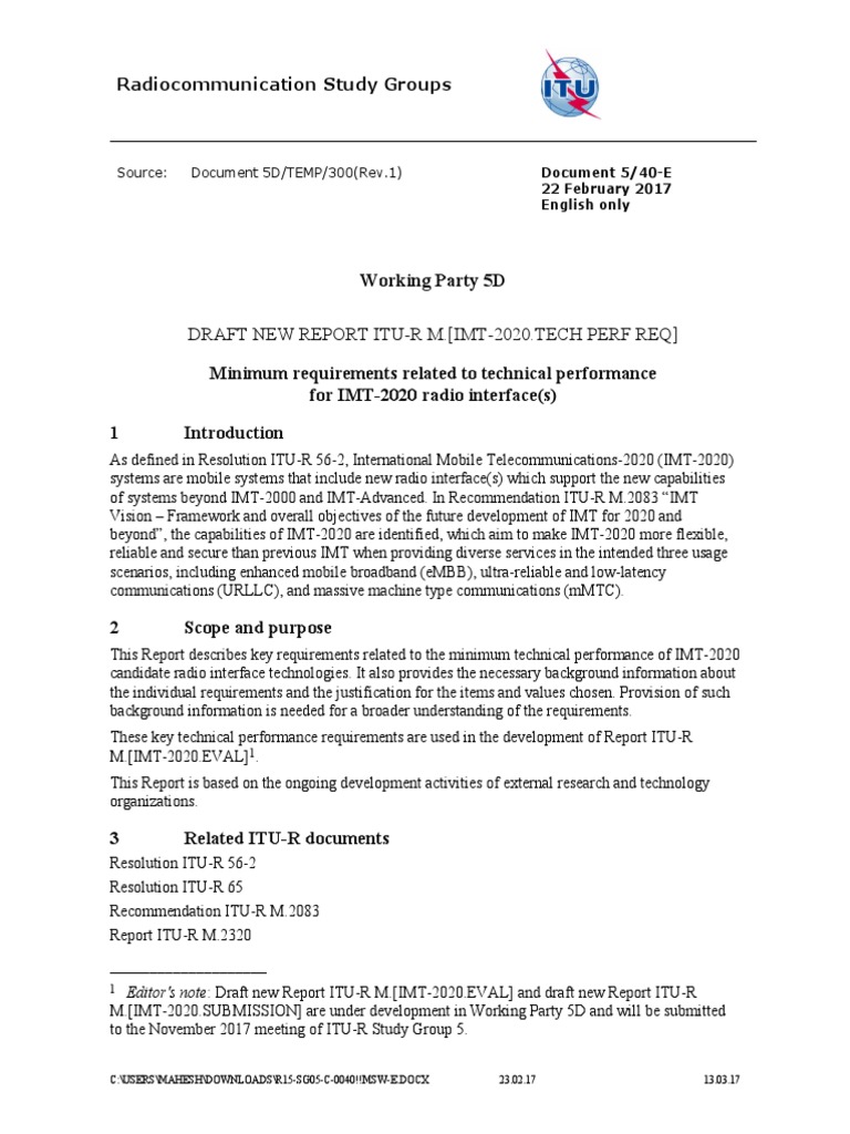 Working Party 5D Draft New Report Itu-R M. (Imt-2020.Tech Perf Req ...