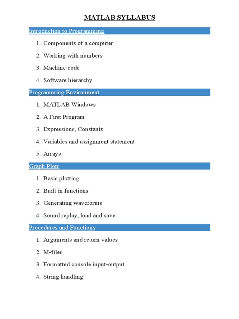 Matlab Syllabus: Introduction To Programming | PDF