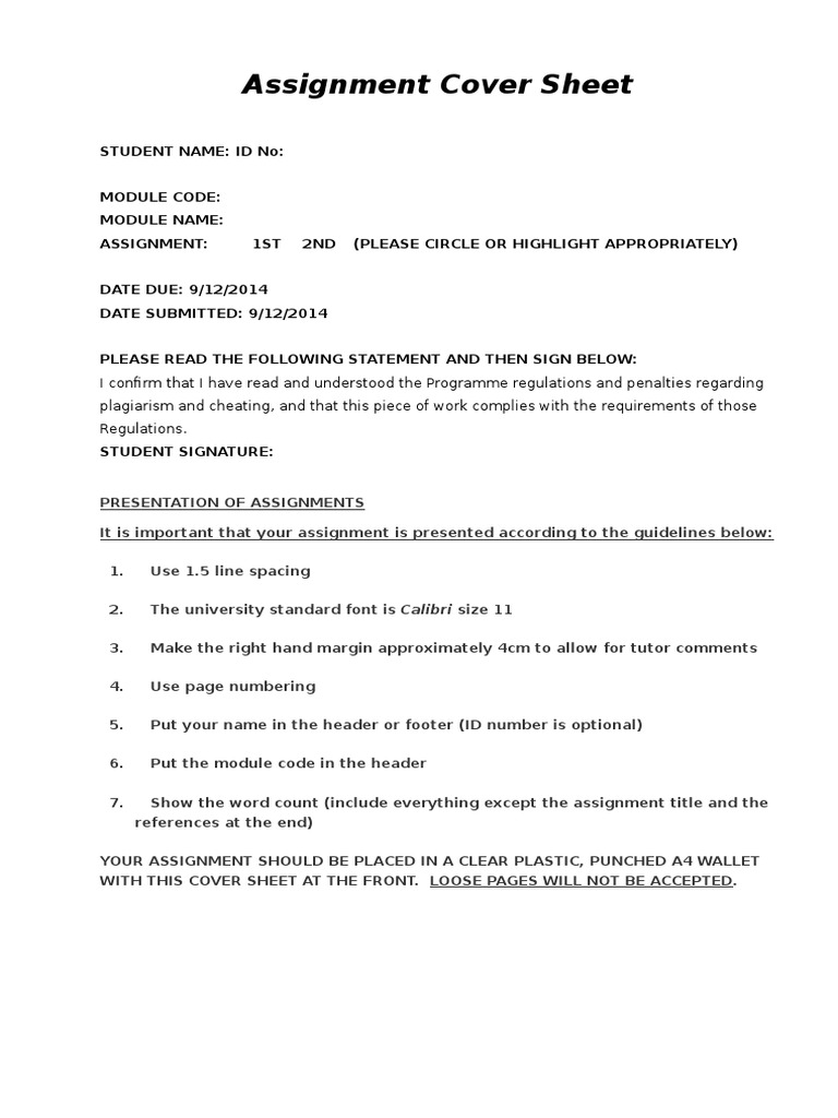 NEW Assignment Cover Sheet Reflections | PDF