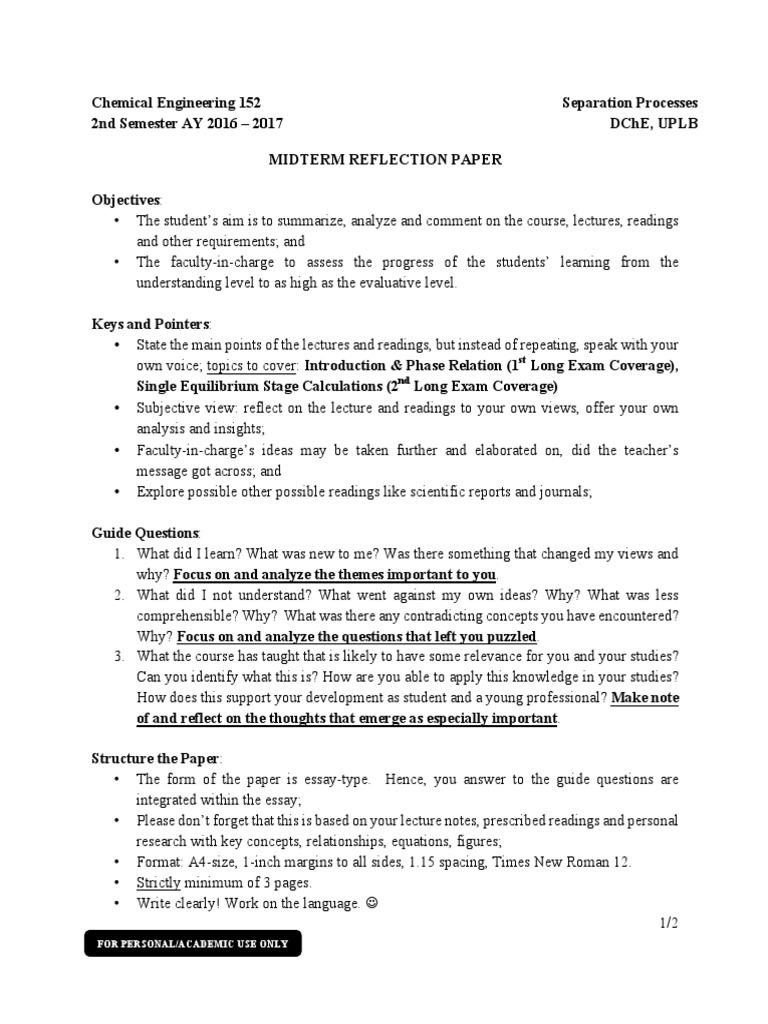 Midterm Reflection Paper ChE 152 2nd Sem AY 2016 2017 | PDF | Lecture ...