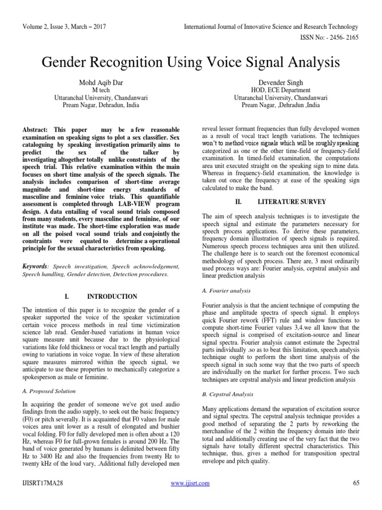 Gender Recognition Using Voice Signal Analysis Pdf Spectral Density