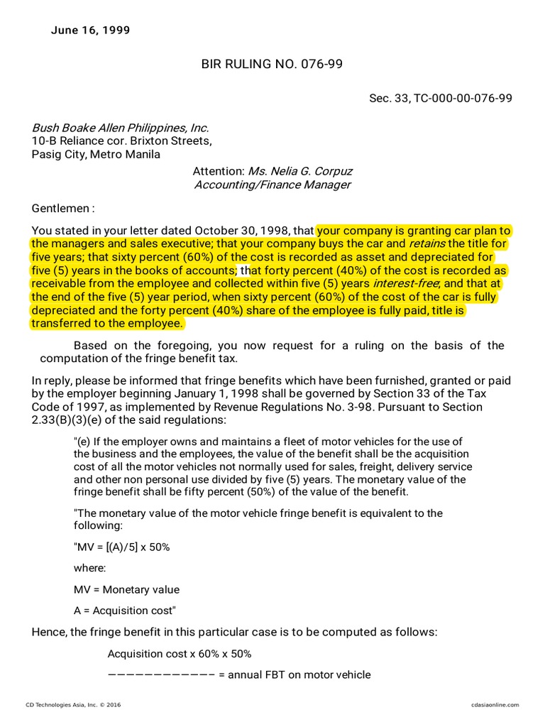 BIR RULING NO. 076-99: Bush Boake Allen Philippines, Inc | PDF ...