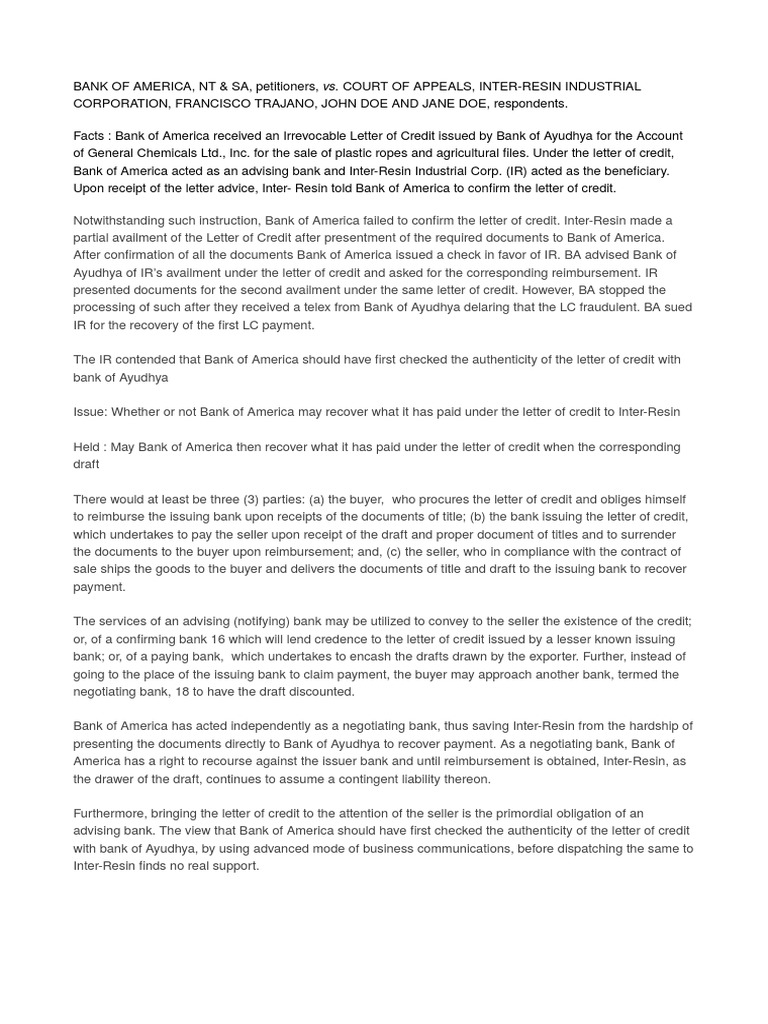 Bank of America | Letter Of Credit | Financial Services | Free 30-day ...