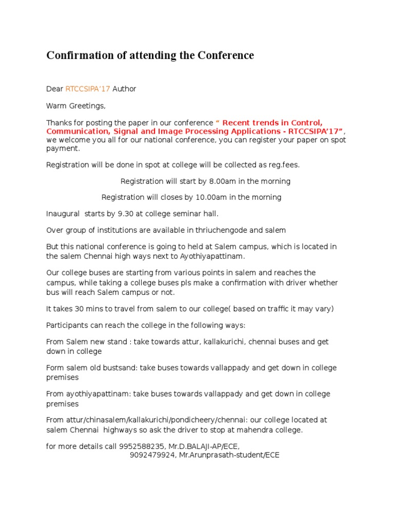 Confirmation of Attending The Conference | PDF