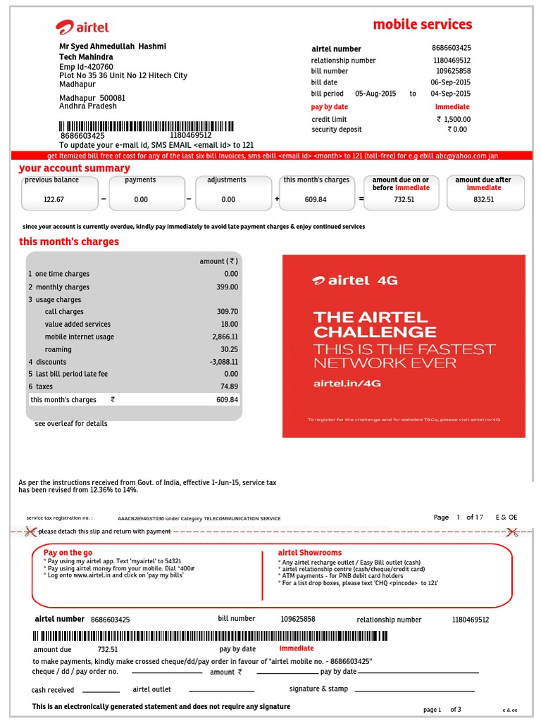 Airtel Monthly Bill Summary September | PDF | Invoice | Cheque