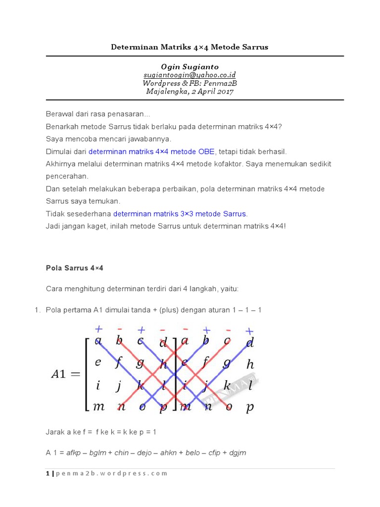 Determinan Matriks 4x4 Sarrus | PDF