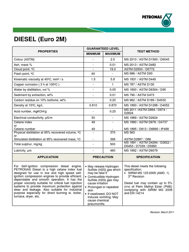Petronas Euro 2M Diesel Specifications | PDF | Diesel Engine | Diesel Fuel