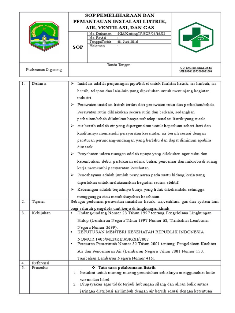 8.5.1.2.sop Pemeliharaan Dan Pemantauan Instalasi Listrik Air Ventilasi Gas | PDF | Teknologi ...