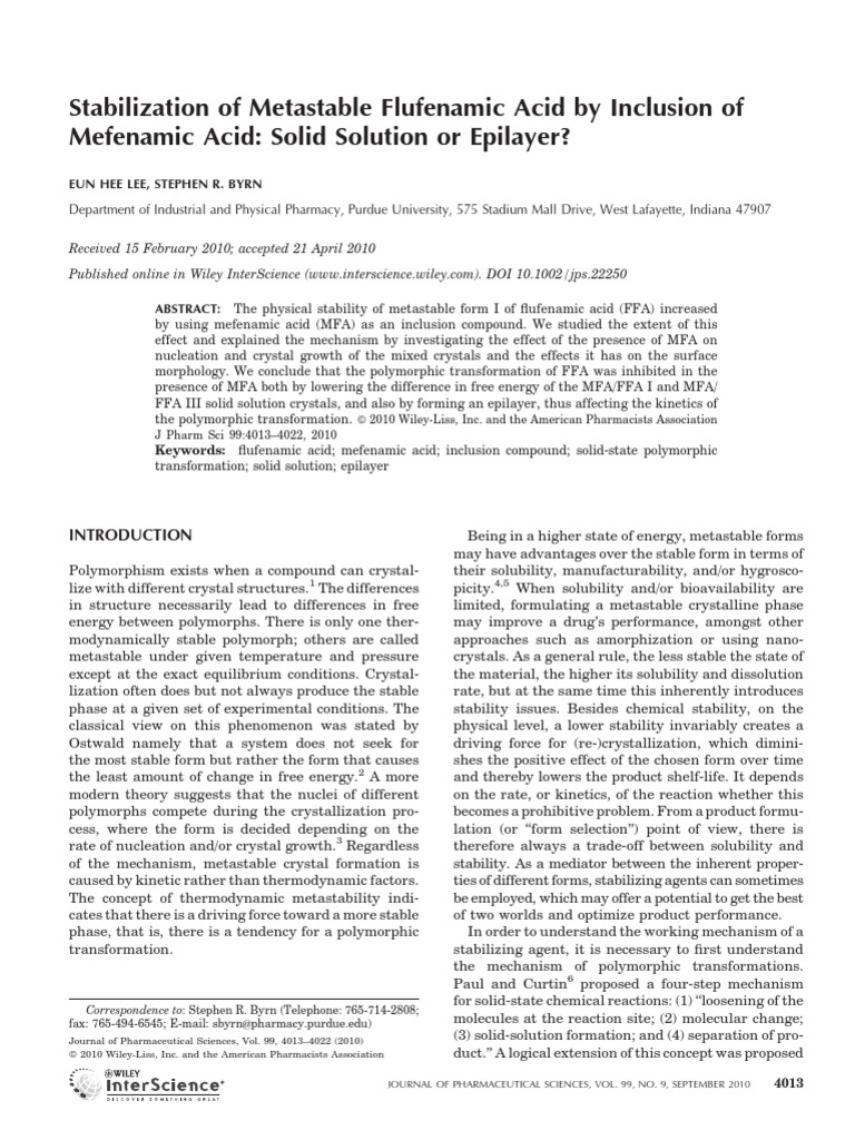 Stabilization of Metastable Flufenamic Acid by Inclusion of Mefenamic ...