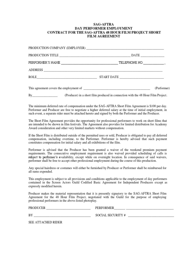 Sag-Aftra Day Performer Employment Contract For The Sag-Aftra 48 Hour Film Project Short Film ...