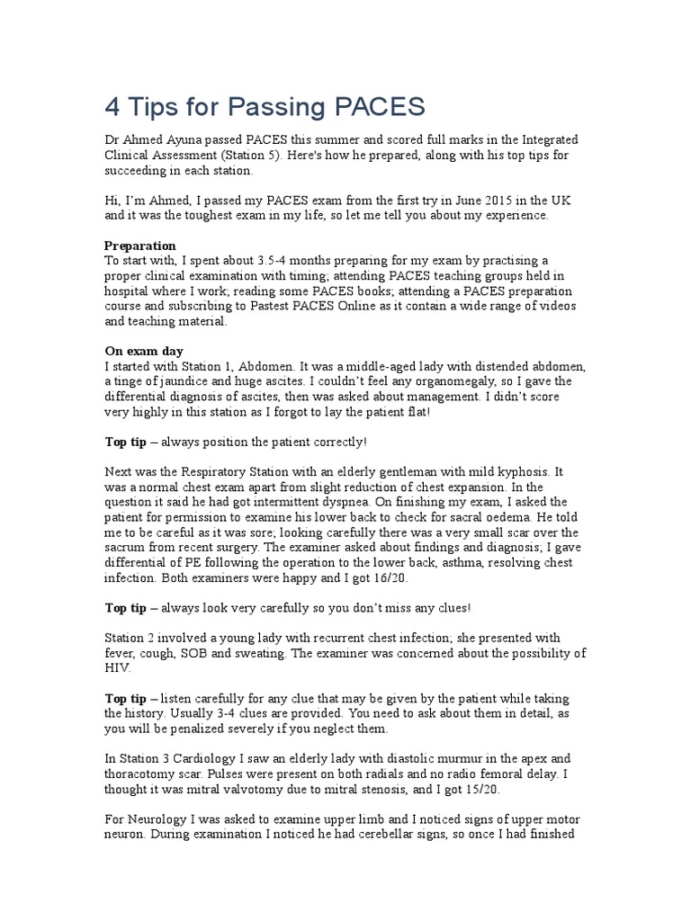 4 Tips For Passing PACES: Preparation | PDF | Neurology | Test (Assessment)