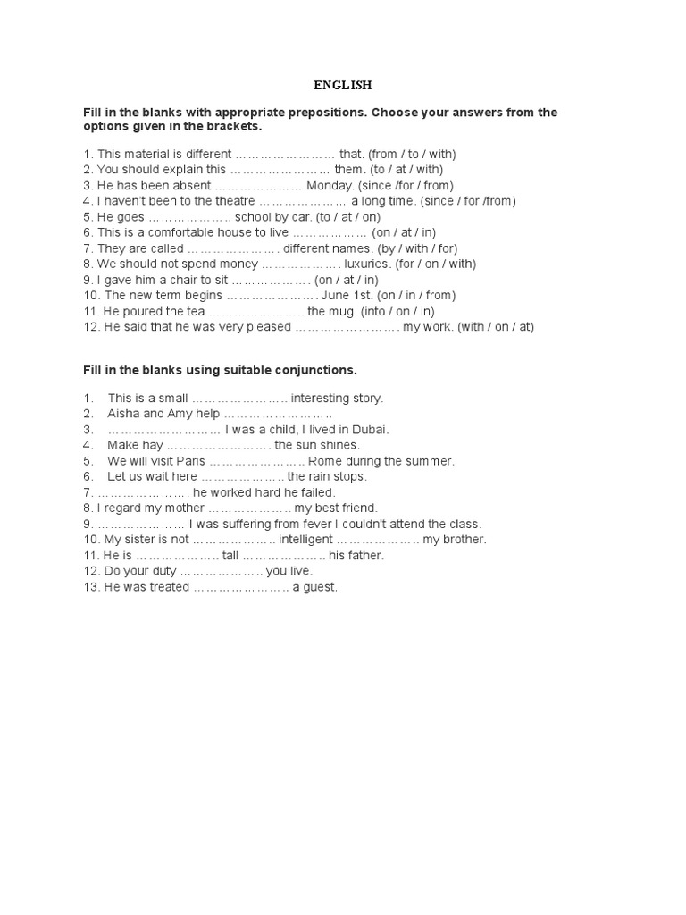 Prepositions and Conjunctions Worksheet | PDF | Foreign Language Studies