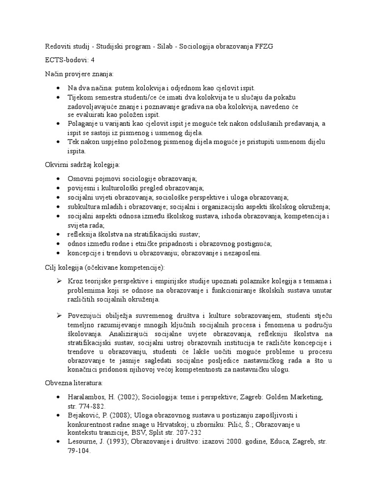 Sociologija Obrazovanja - Opis + Tjedni Raspored Rada | PDF