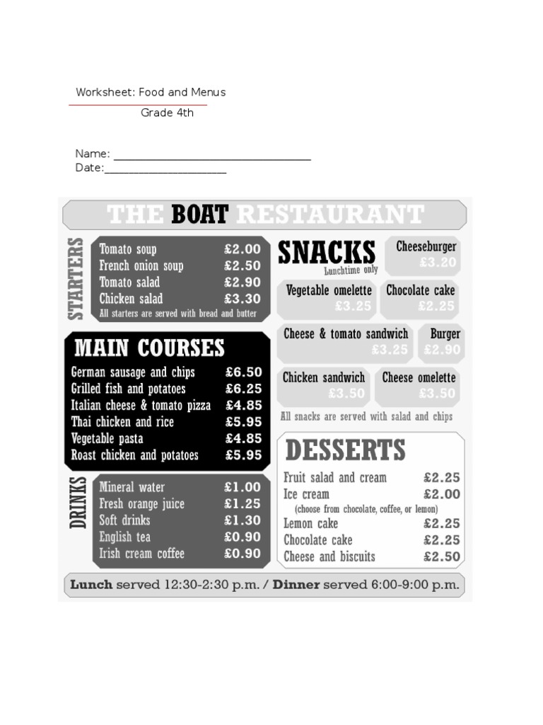 Worksheet: Food and Menus Grade 4th | PDF