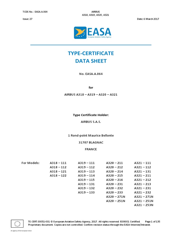 TCDS - EASA A 064 - Airbus - A318 - A319 - A320 - A321 - Iss - 27 | PDF ...
