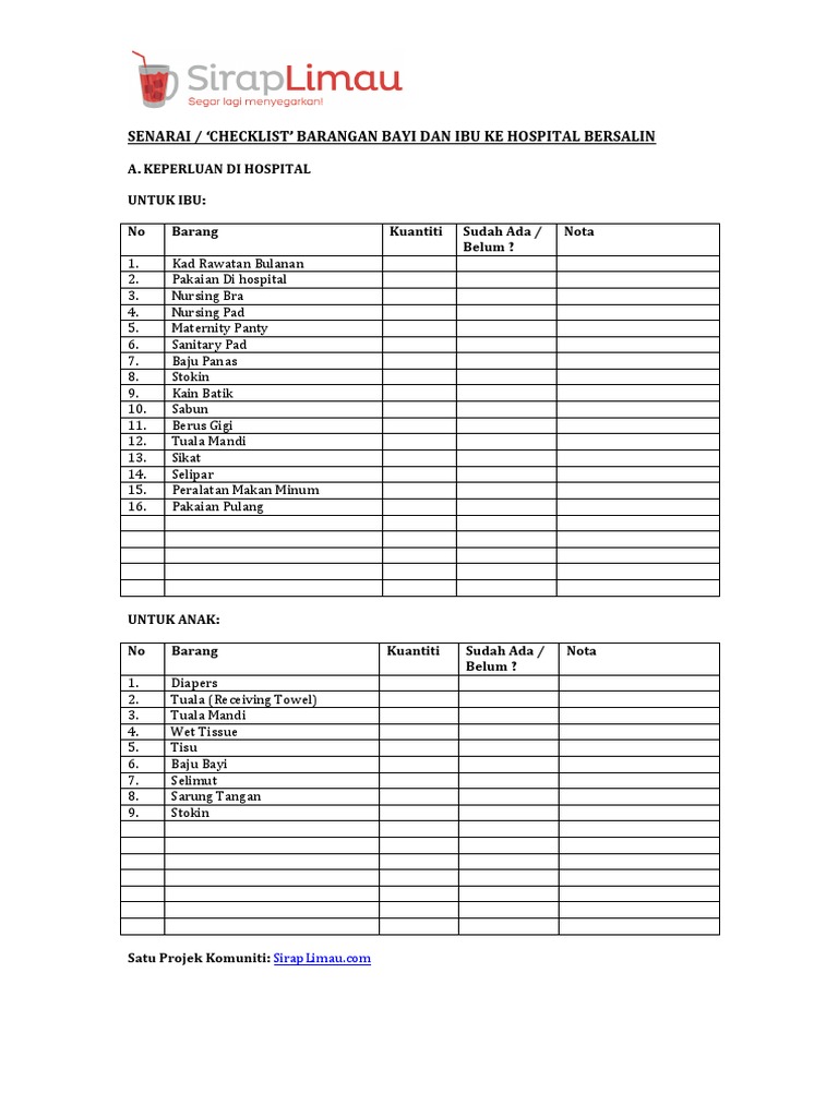 Senarai Checklist Barangan Bayi Ibu Siraplimau PDF | PDF