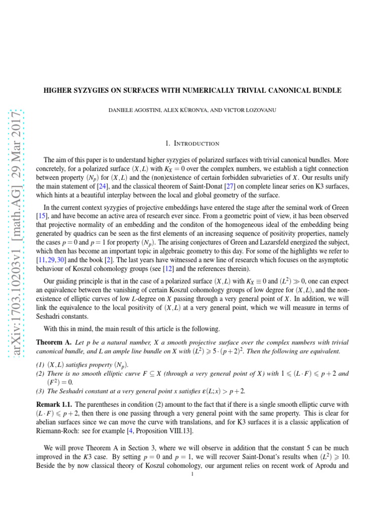 Higher Syzygies on Trivial Canonical Surfaces | PDF | Theorem | Topology