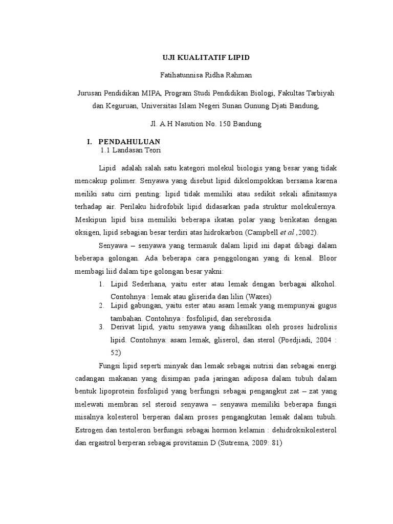 Laporan Praktikum 5 Biokimia Uji Kualitatif Lipid | PDF Laporan Praktikum 5 Biokimia Uji Kualitatif Lipid | PDF