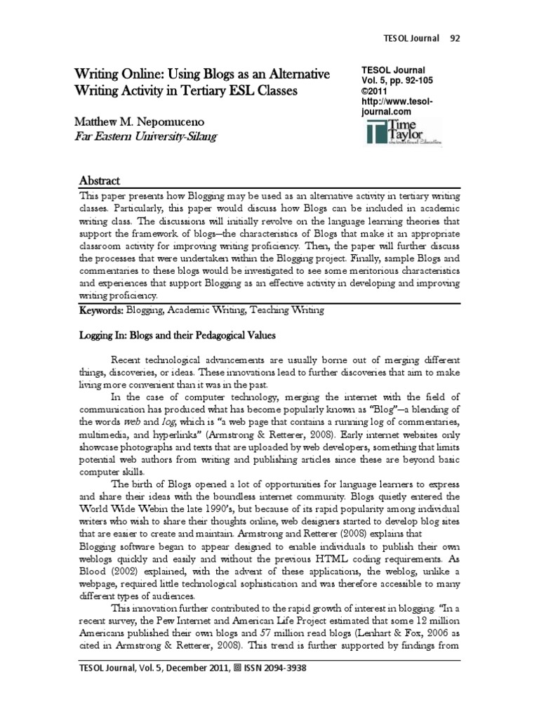 Writing Online: Using Blogs As An Alternative Writing Activity in ...