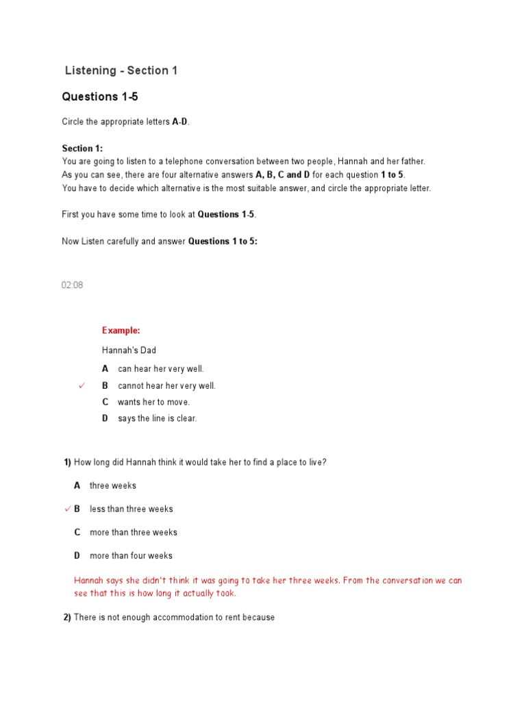 Questions 1-5: Listening - Section 1 | Download Free PDF | Classroom ...