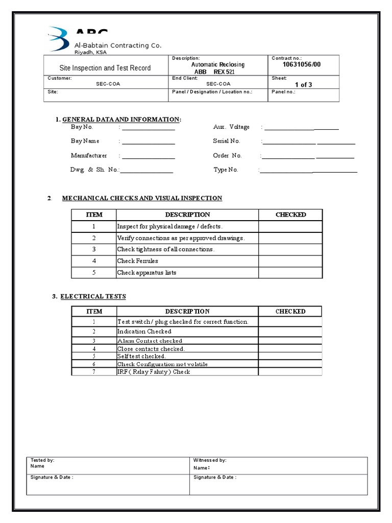 Site Inspection and Test Record: Automatic Reclosing Abb Rex 521 ...