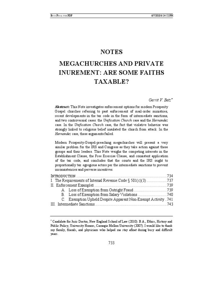 Betz: MEGACHURCHES AND PRIVATE INUREMENT | PDF | 501(C) Organization ...