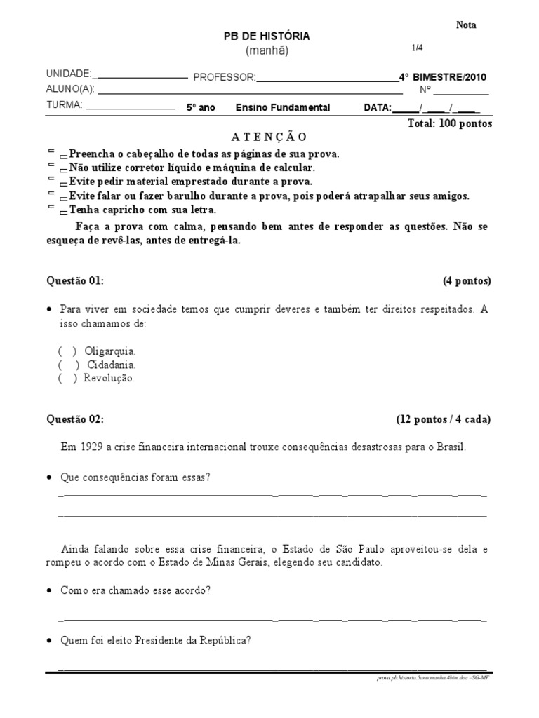 Prova PB Historia 5ano Manha 4bim | PDF | Brasil | Política (geral)